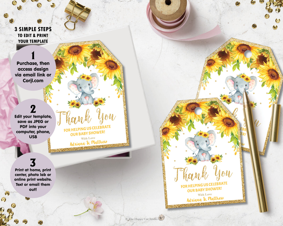 Sunflower Elephant Thank You Favor Tags - EDITABLE TEMPLATE Digital Pr ...