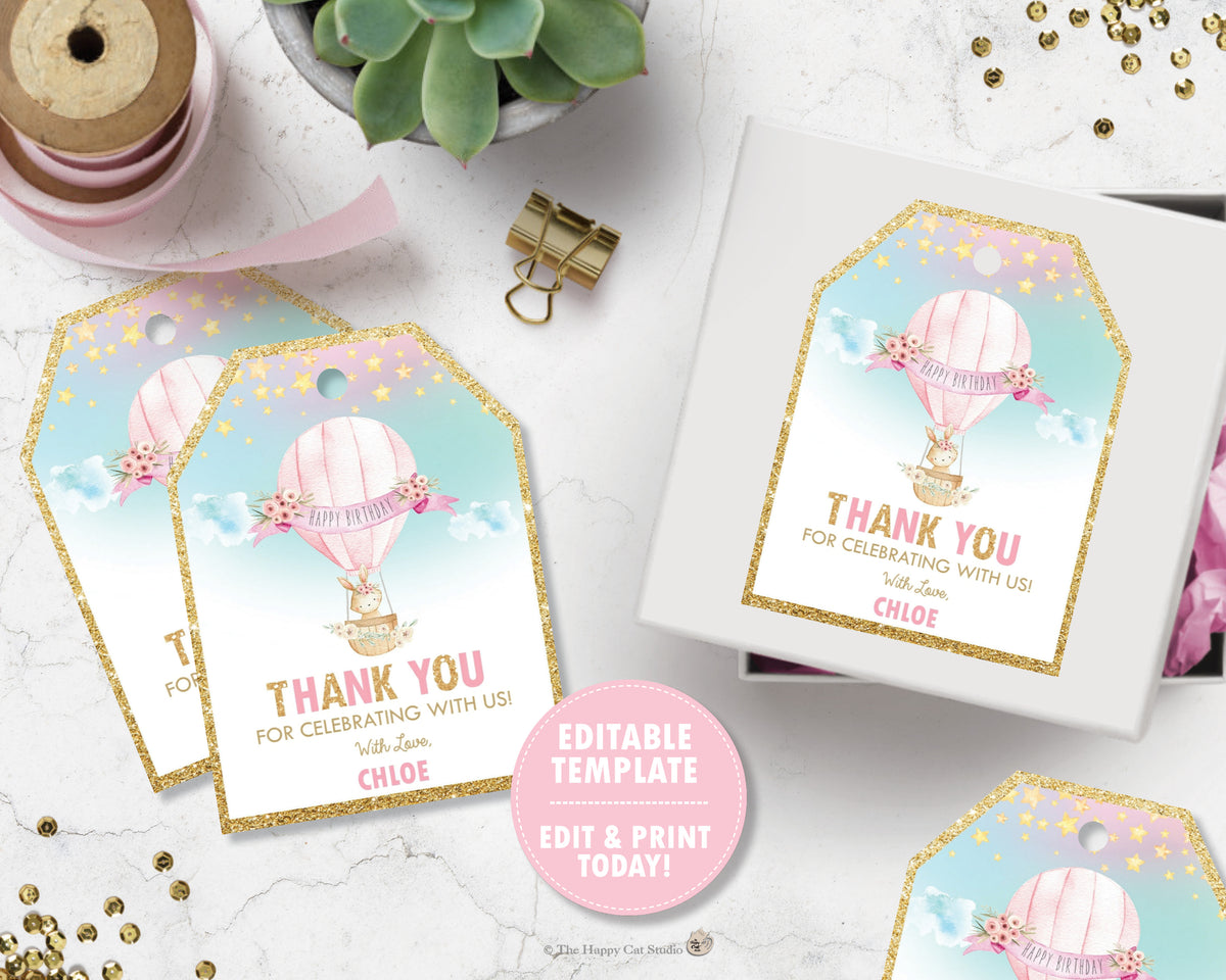 Cute Bunny Hot Air Balloon Favor Tags for Birthday Baby Shower - Edita ...