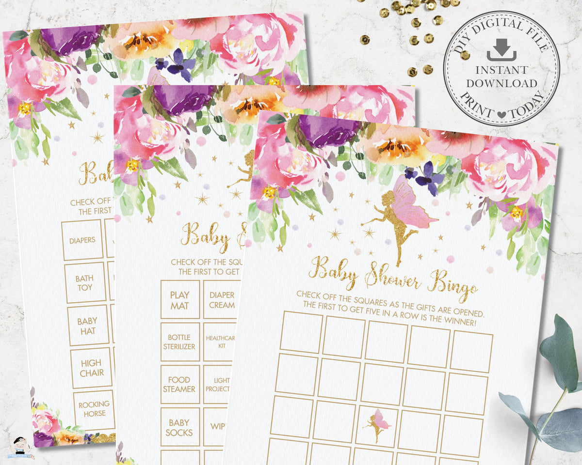 Purple Floral Fairy Baby Shower Bingo Game Fun Activity Prefilled - In ...