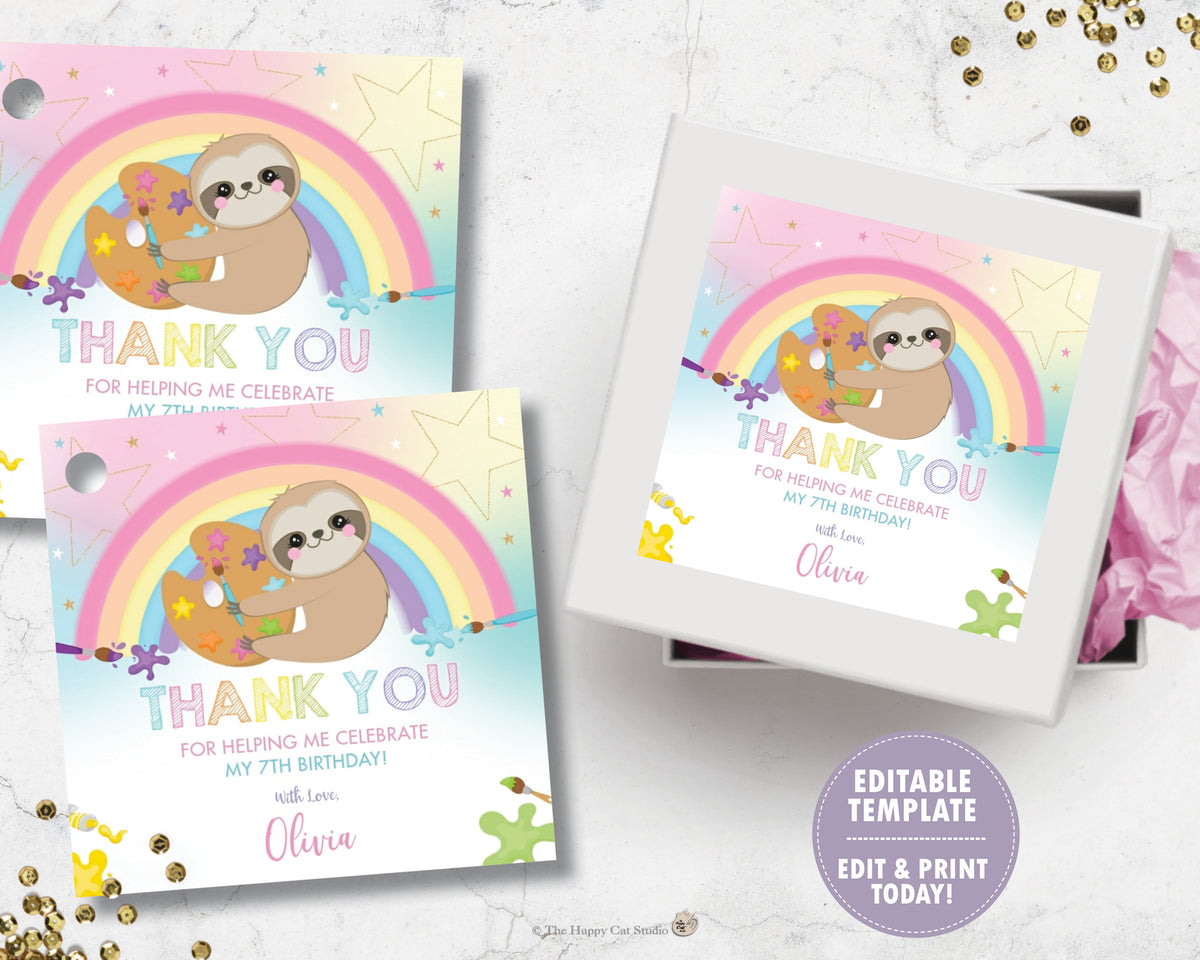 Cute Sloth Art Paint Birthday Party Thank You Tags / Sticker Labels ...