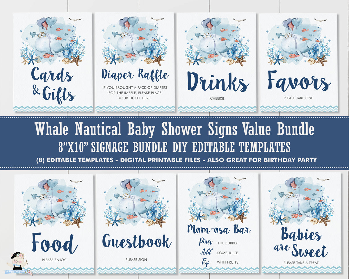 Nautical Whale Tabletop Sign Bundle, EDITABLE TEMPLATE, Navy Blue Chev ...