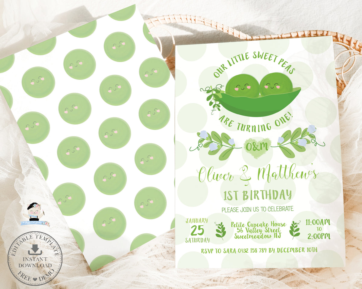 Cute Sweet Two Peas in a Pod Twin Boys Birthday Invitation Editable Te ...