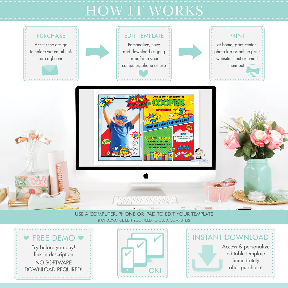 Colorful Comic Book Strips Superhero Birthday Invitation Editable Temp ...