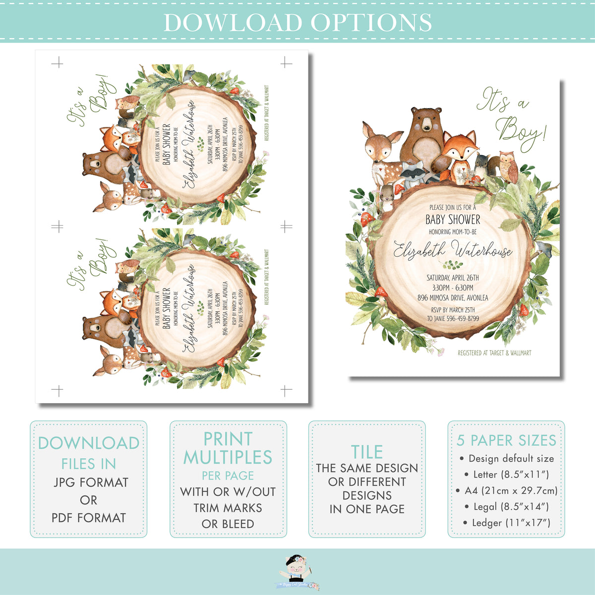 Blue Floral Cute Mom and Baby Owls Thank You Card - Editable Template ...