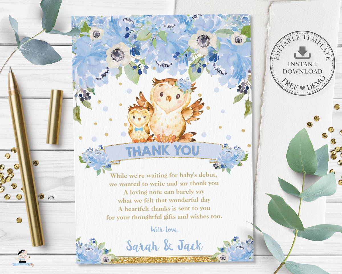 Blue Floral Cute Mom and Baby Owls Thank You Card - Editable Template ...