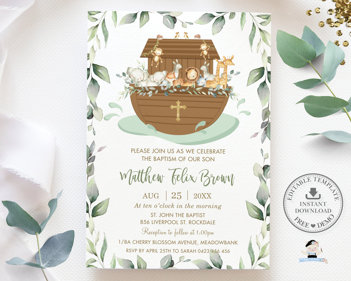 Chic Noah's Ark Greenery Baptism Christening Invitation Editable Templ – The Happy Cat Studio