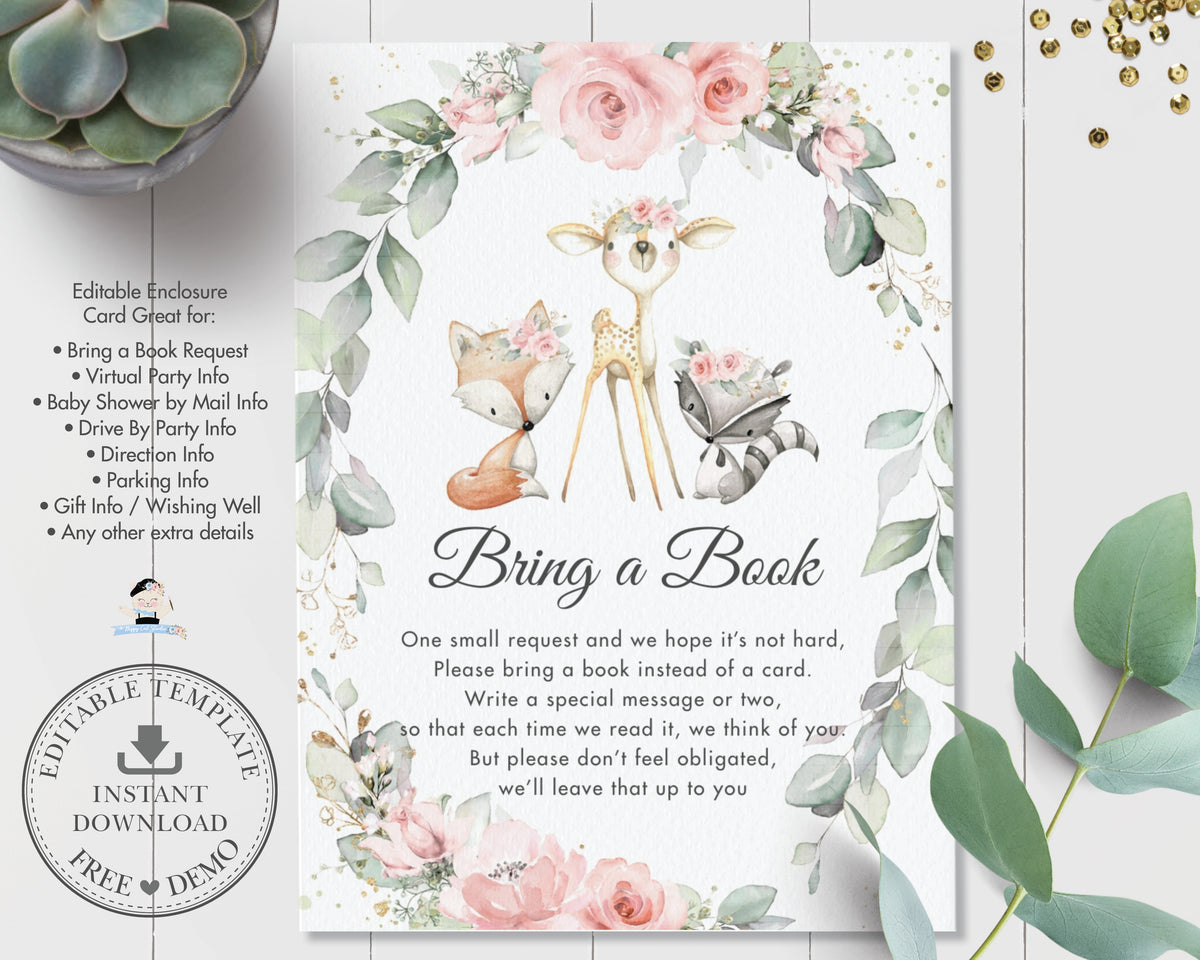 Woodland Animals Blush Floral Greenery Extra Details Insert Editable T ...
