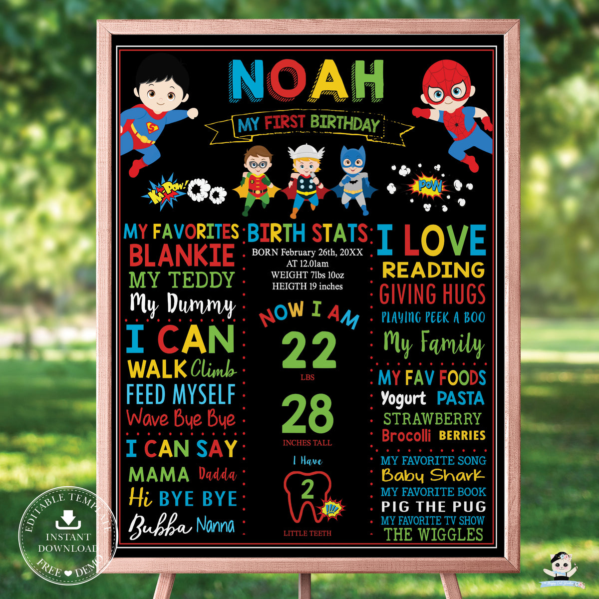 Cute Superhero 1st Birthday Milestone Sign Editable Template - Instant ...