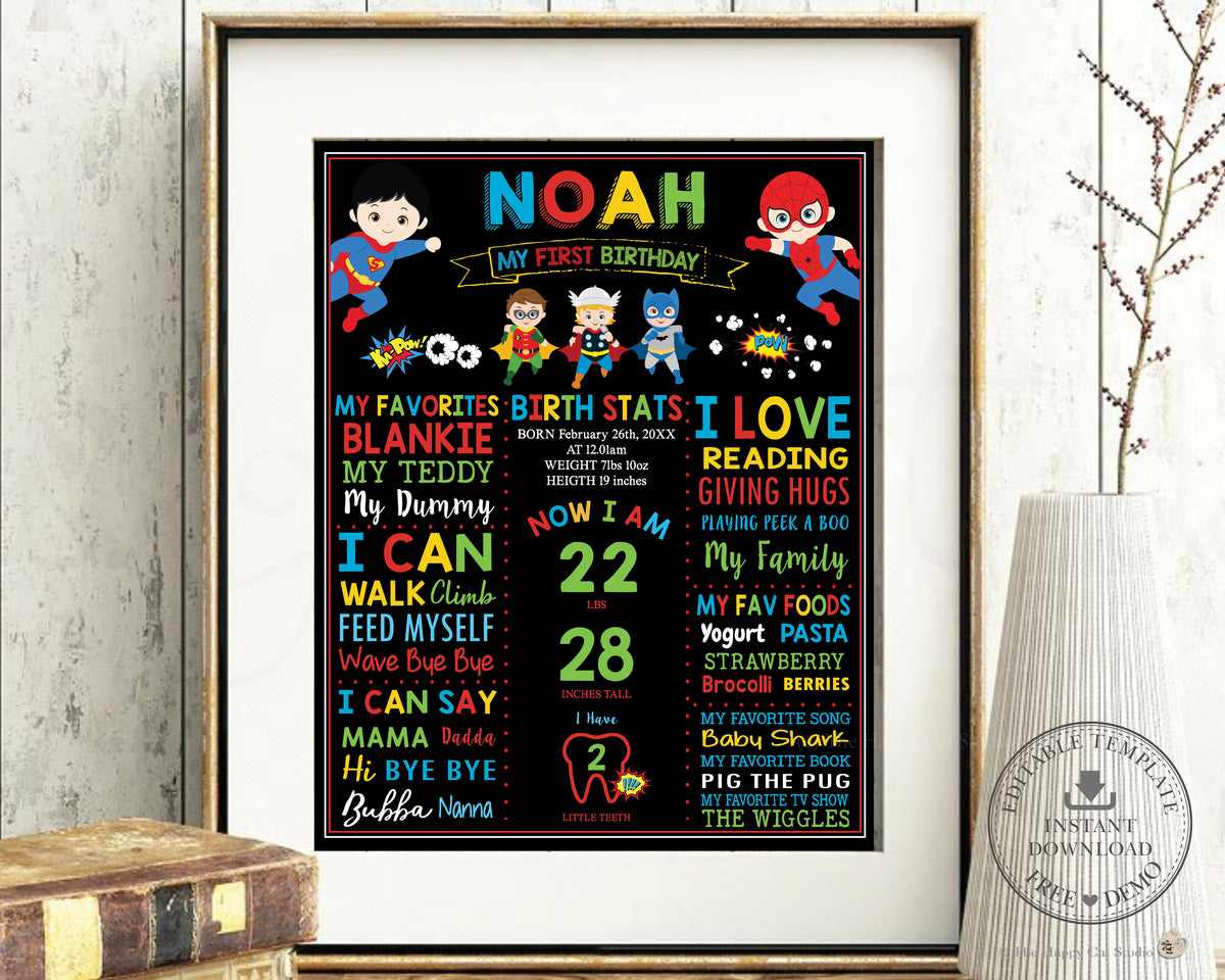 Cute Superhero 1st Birthday Milestone Sign Editable Template - Instant ...