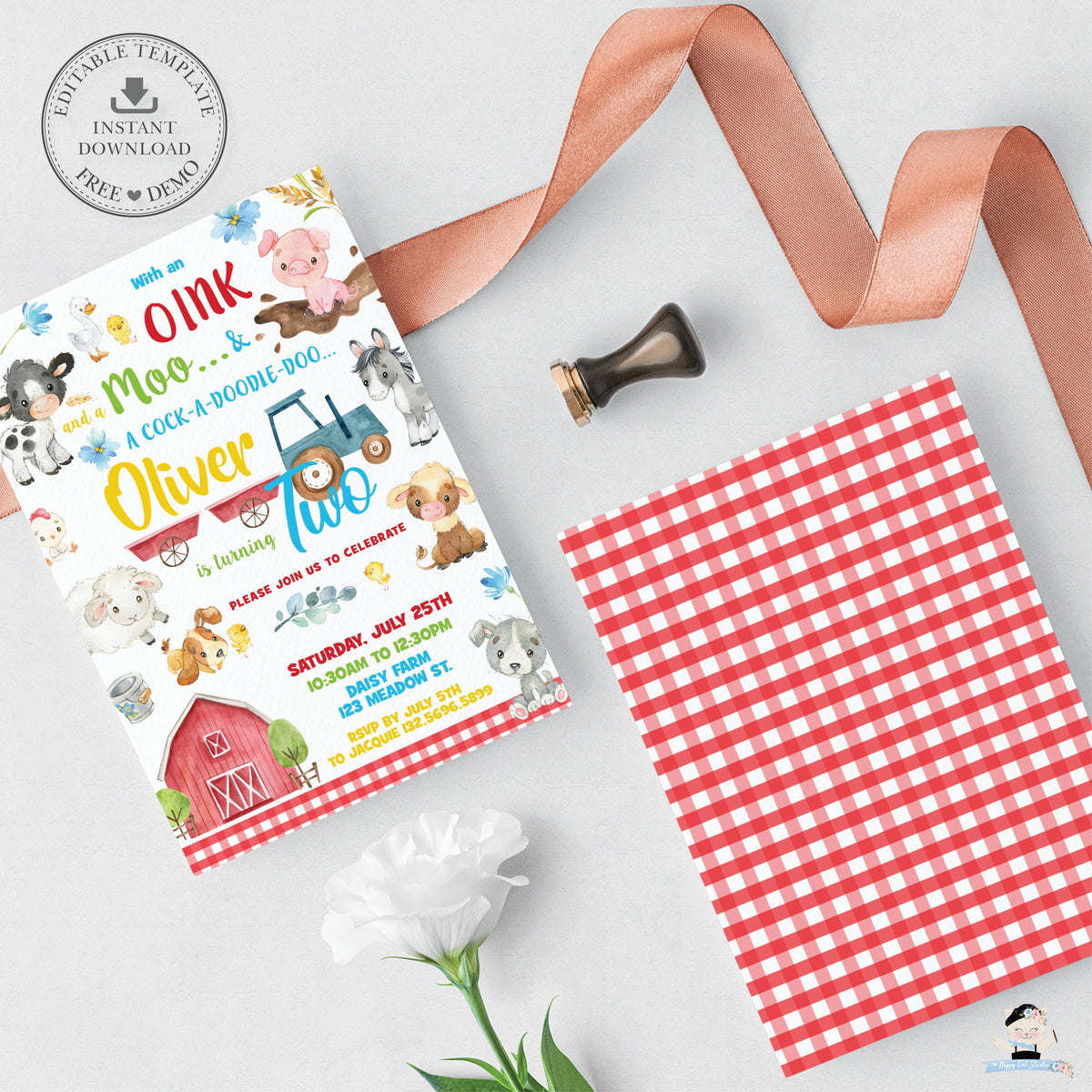 Cute Farm Animals Barnyard 2nd Birthday Party Invitation Editable Temp ...