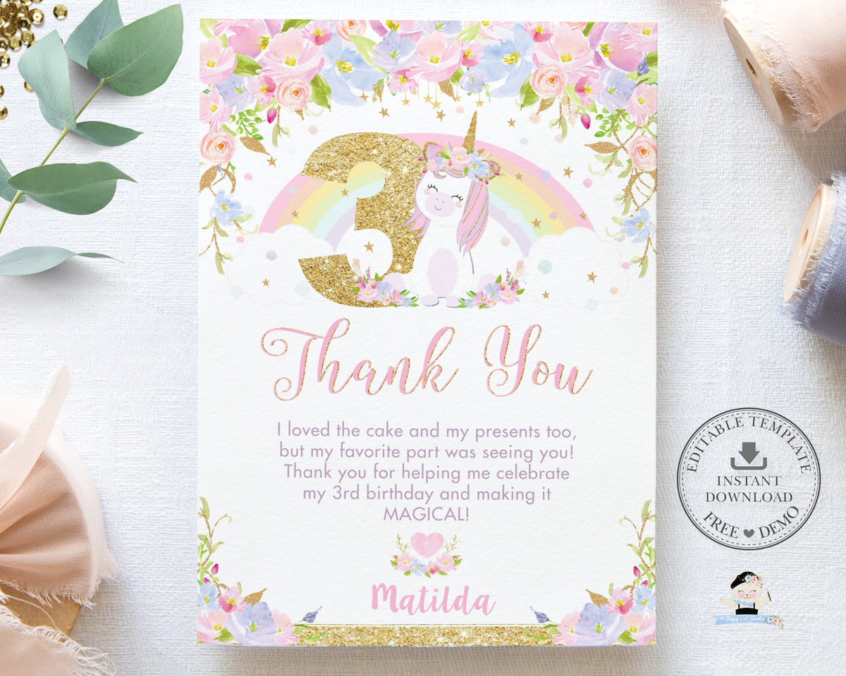 Cute Unicorn 3rd Birthday Party Numeral Thank You Card Editable Templa ...