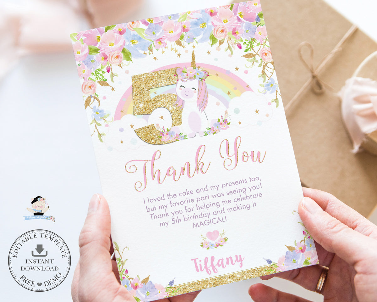 Cute Unicorn 5th Birthday Party Numeral Thank You Card Editable Templa ...