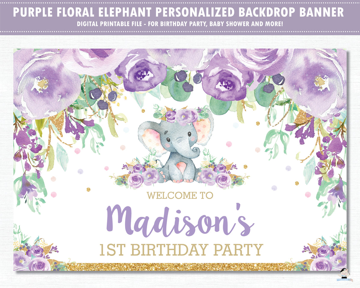 Elephant Purple Floral Baby Shower Birthday Backdrop Welcome Banner ...