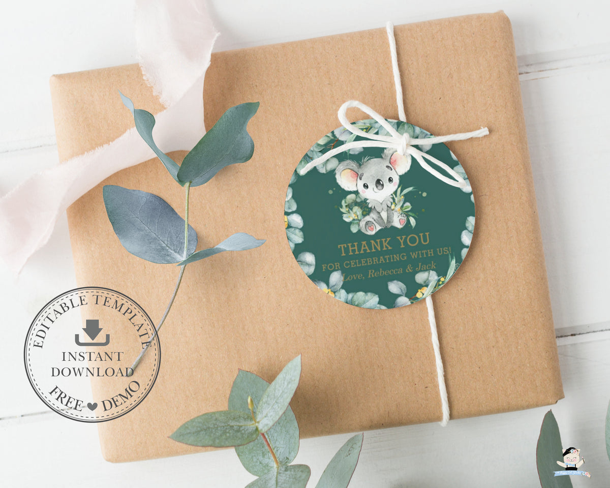 EDITABLE TEMPLATE Koala 2" Circle Tags, Eucalyptus Greenery Australian ...