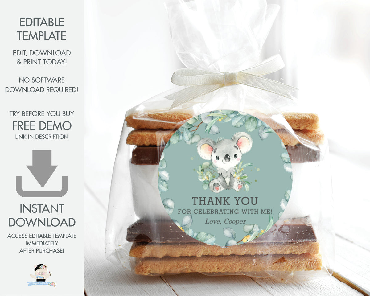 EDITABLE TEMPLATE Koala 2" Circle Tags, Eucalyptus Greenery Australian ...