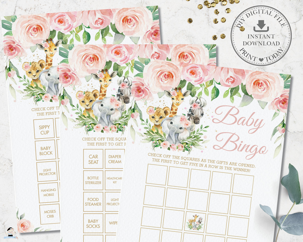 Chic Jungle Animals Pink Floral Blank and Pre-filled Baby Shower Bingo ...