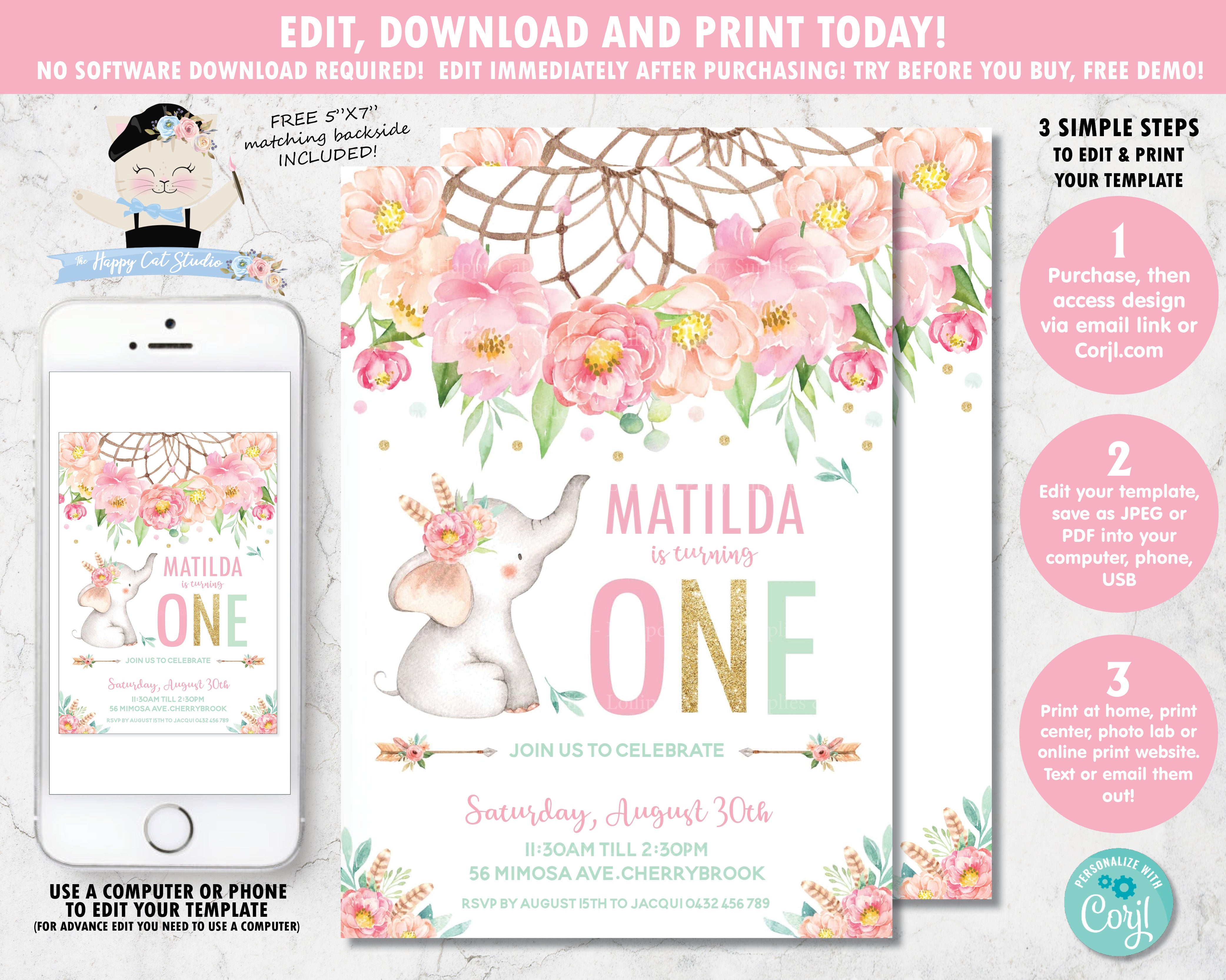 Elephant Birthday Invitation Template Elephant Blush Pink Floral