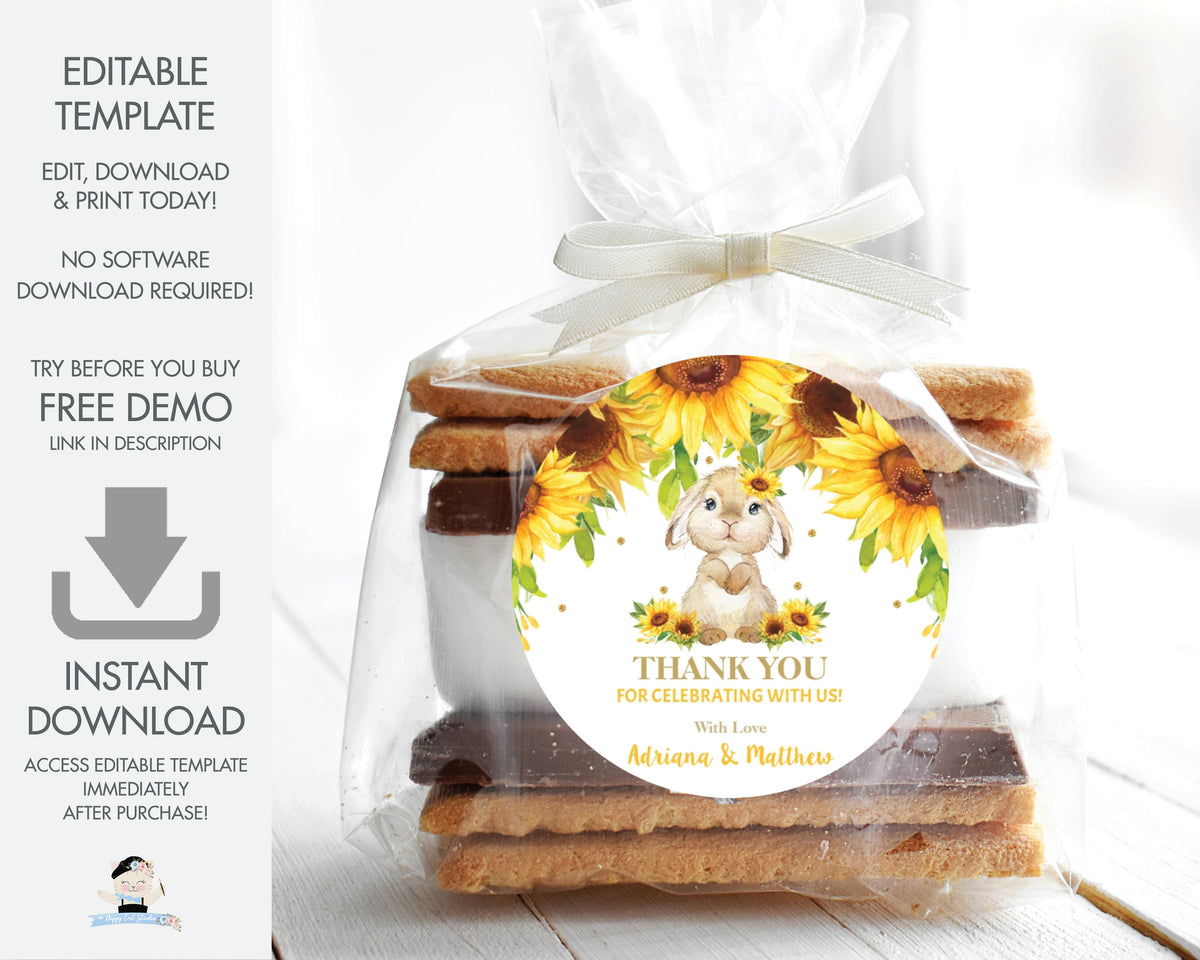 Sunflower Floral Cute Bunny Rabbit Baby Shower 2 Inches Round Labels E ...