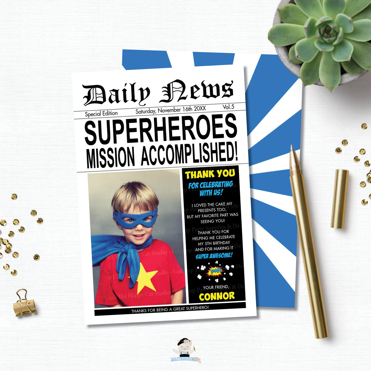 Superhero Birthday Party Thank You Card with Photo Editable Template ...