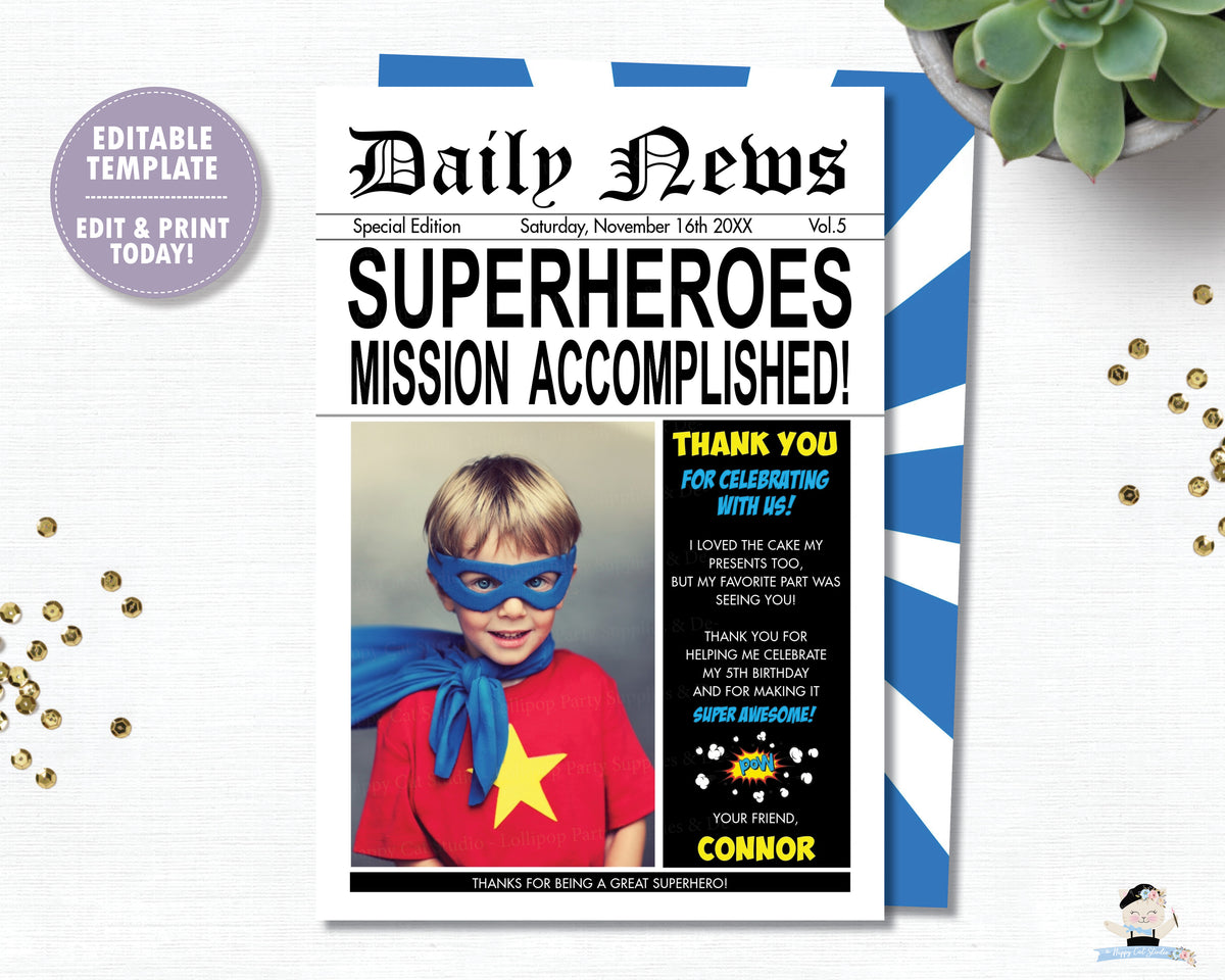 Superhero Birthday Party Thank You Card with Photo Editable Template ...