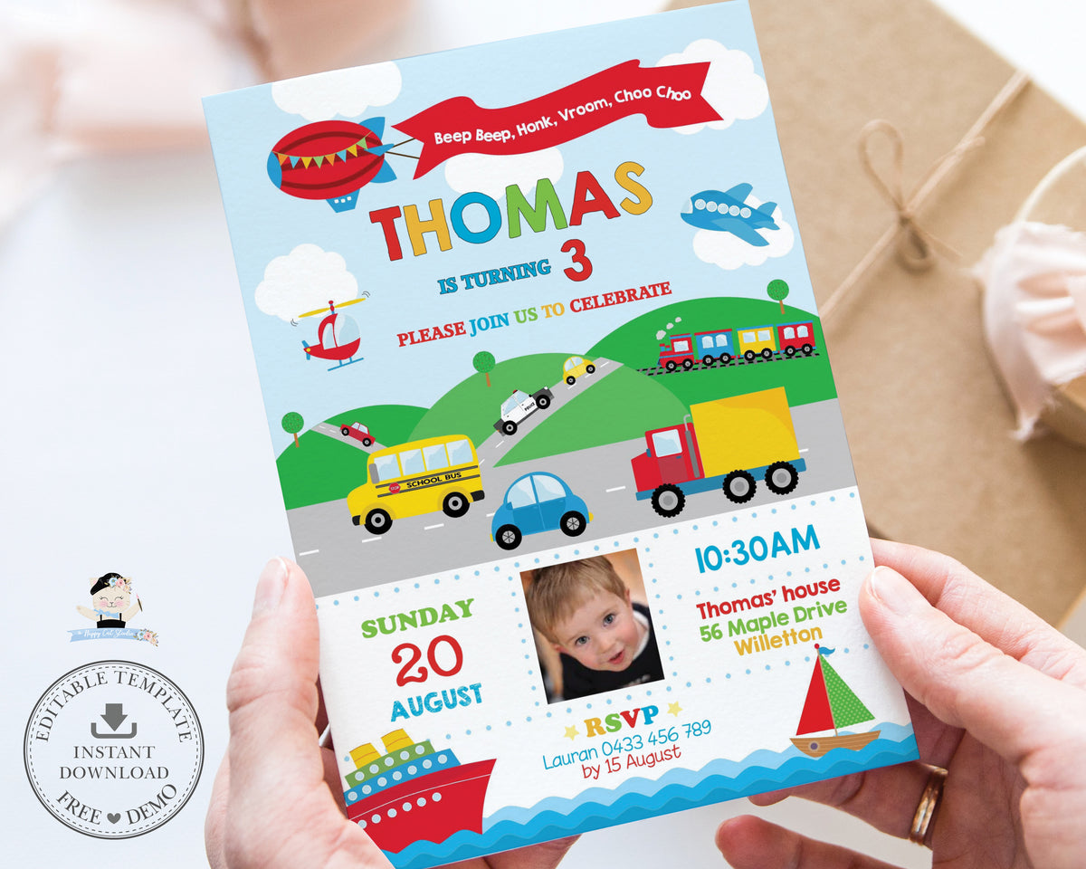 Transportation Birthday Party Invitation - Instant EDITABLE TEMPLATE ...