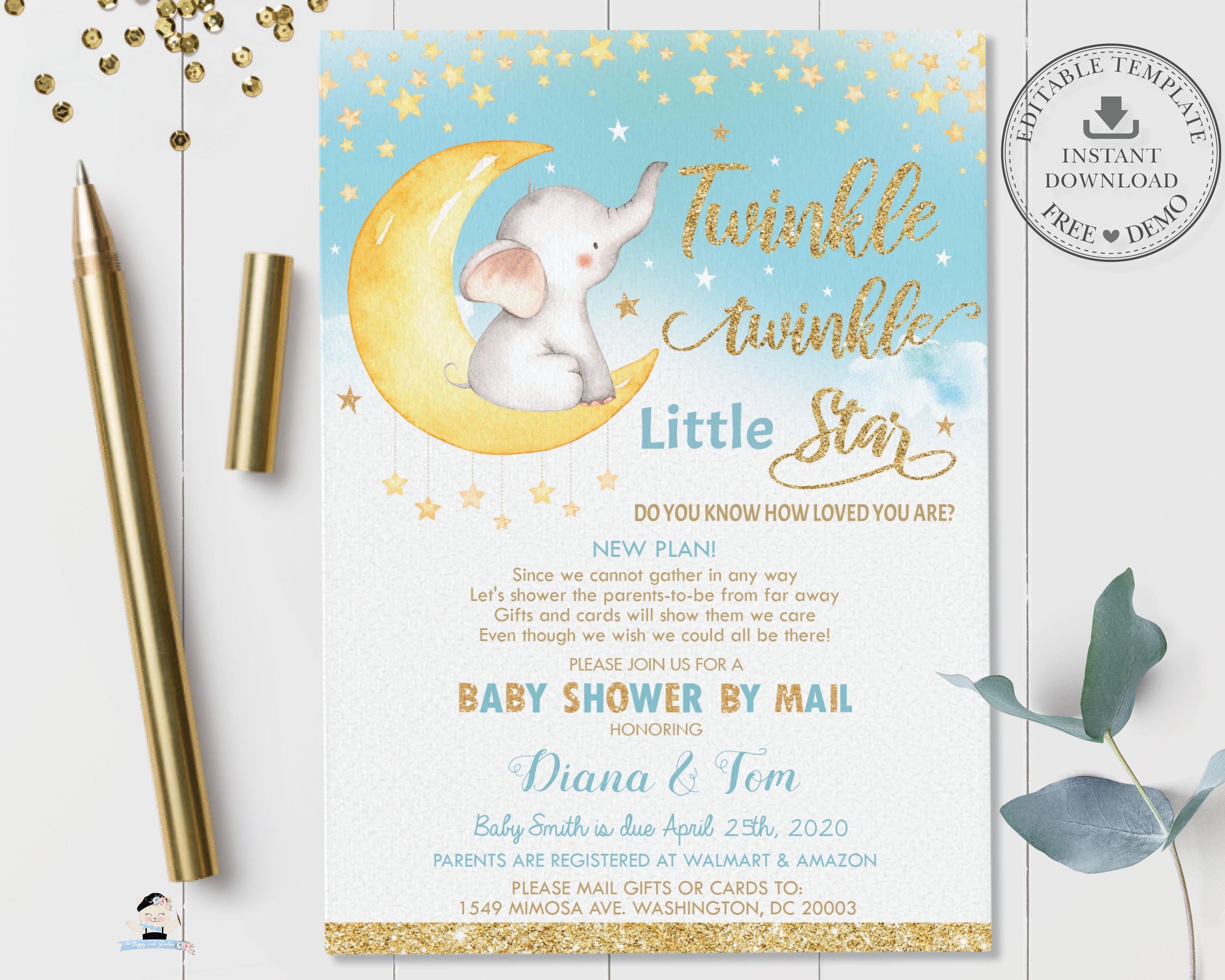 Elephant Boy Baby Shower Blank Invitation Templates Personalized Blue